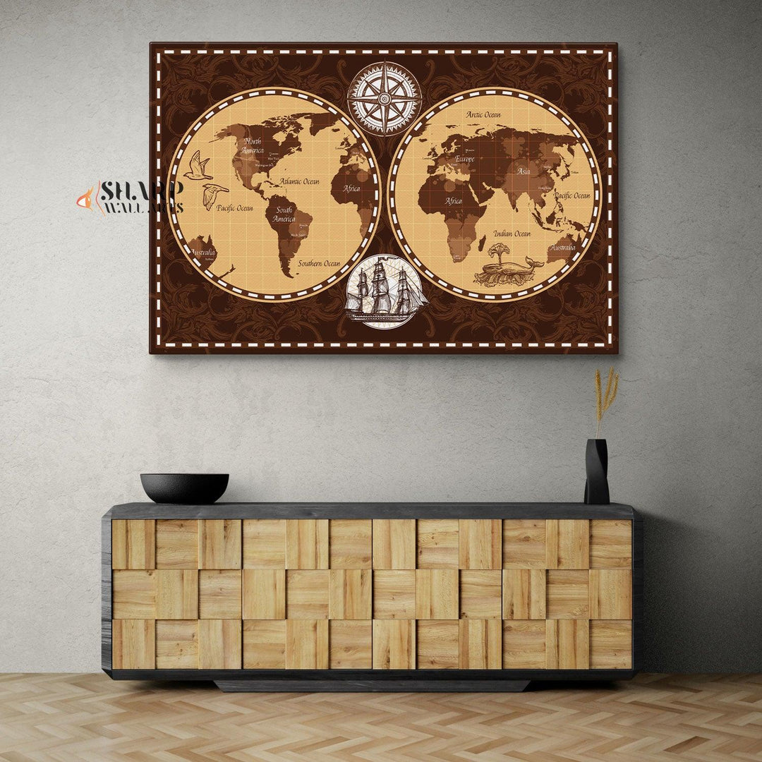 Antique World Map Wall Art - Old Fashioned World Map – SharpWallArts