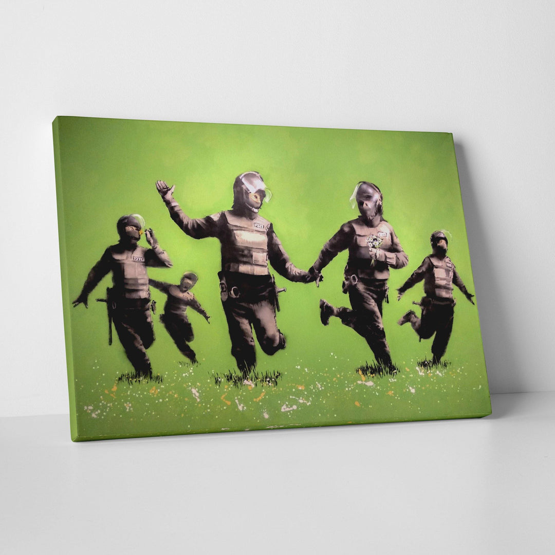 Banksy - Riot Police In The Field Peace Wall Art Canvas – SharpWallArts